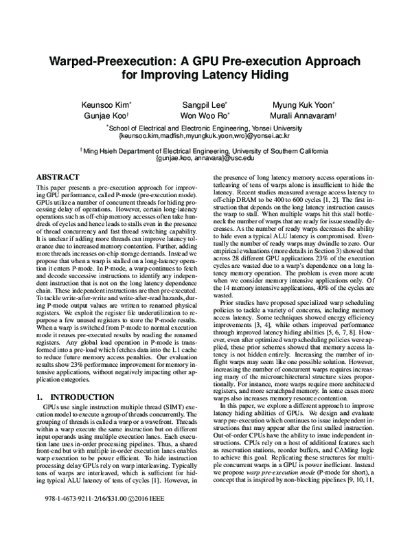 (PDF) Warped-Preexecution: A GPU Pre-execution Approach for Improving Latency Hiding