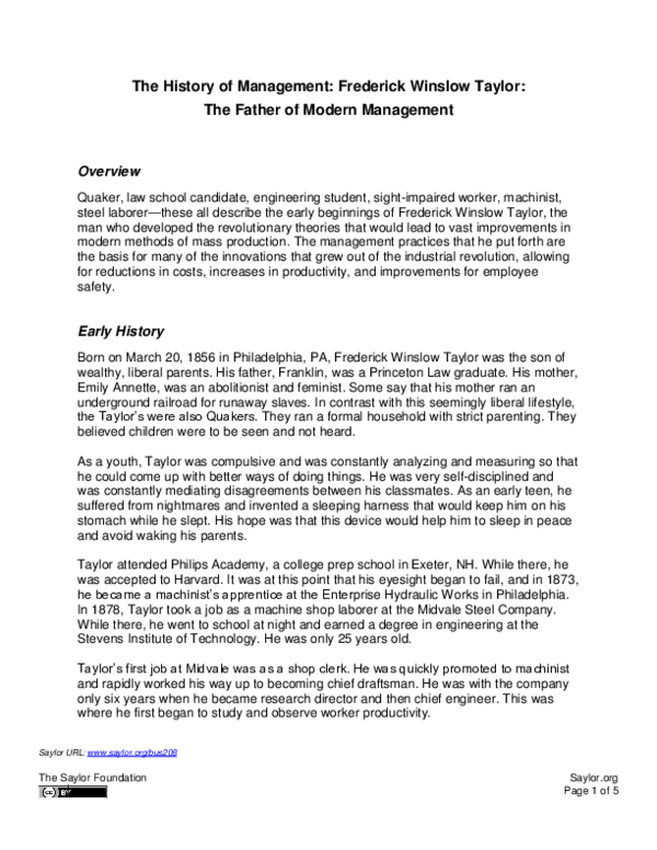 (PDF) The History of Management: Frederick Winslow Taylor: The Father ...