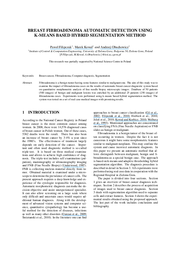 Pdf Breast Fibroadenoma Automatic Detection Using K Means Based Hybrid Segmentation Method