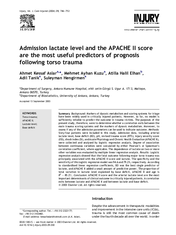 (PDF) Admission lactate level and the APACHE II score are the most ...