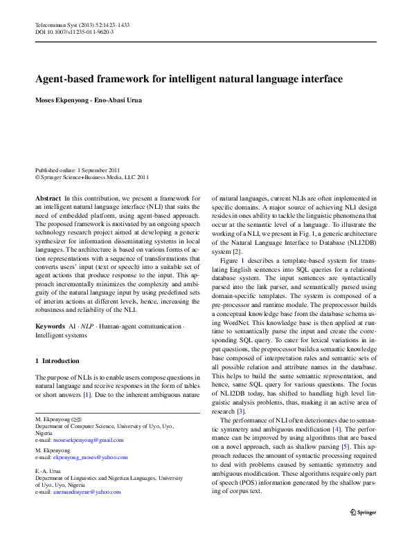(PDF) Agent-based framework for intelligent natural language interface