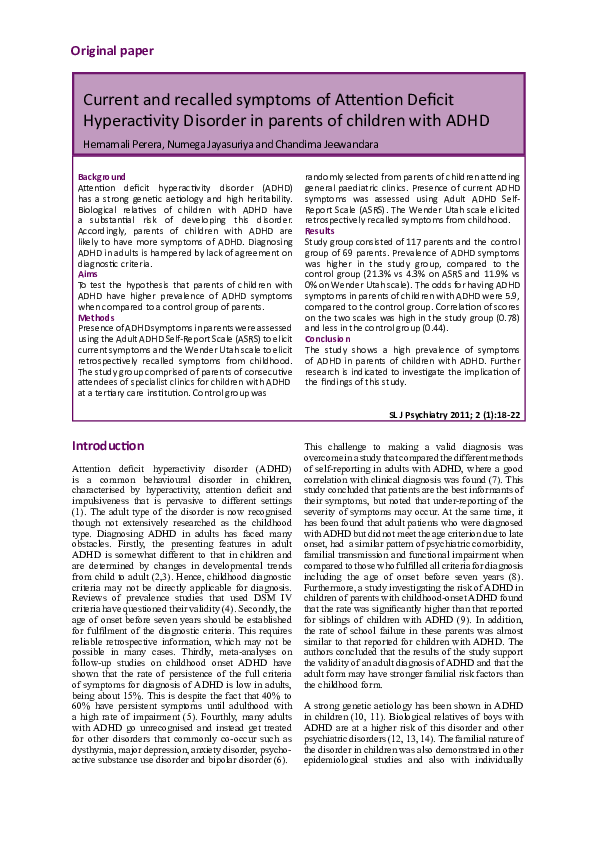 (PDF) Current and recalled symptoms of Attention Deficit Hyperactivity Disorder in parents of ...