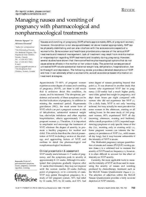 (PDF) Managing nausea and vomiting of pregnancy with pharmacological ...