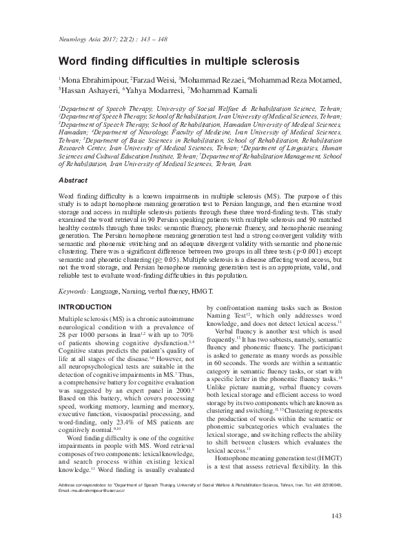 (PDF) Word finding difficulties in multiple sclerosis