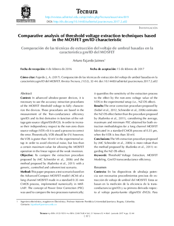 Pdf Comparative Analysis Of Threshold Voltage Extraction Techniques Based In The Mosfet Gmid