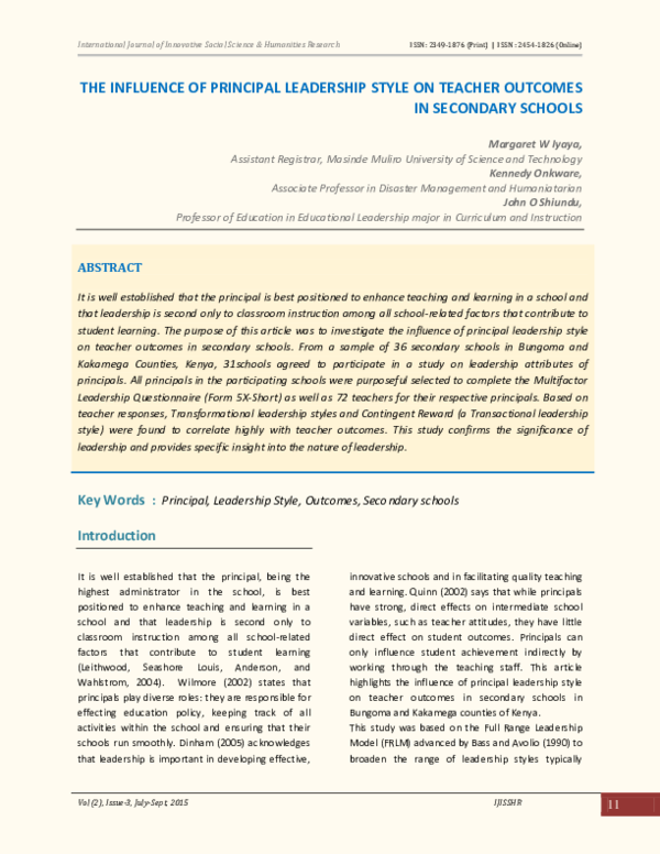 (PDF) THE INFLUENCE OF PRINCIPAL LEADERSHIP STYLE ON TEACHER OUTCOMES ...