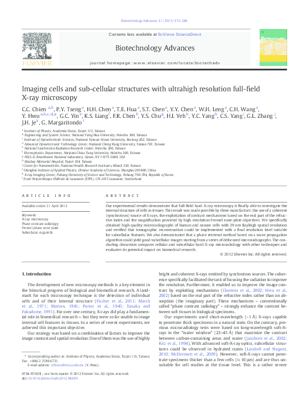 Pdf Imaging Cells And Sub Cellular Structures With Ultrahigh Resolution Full Field X Ray
