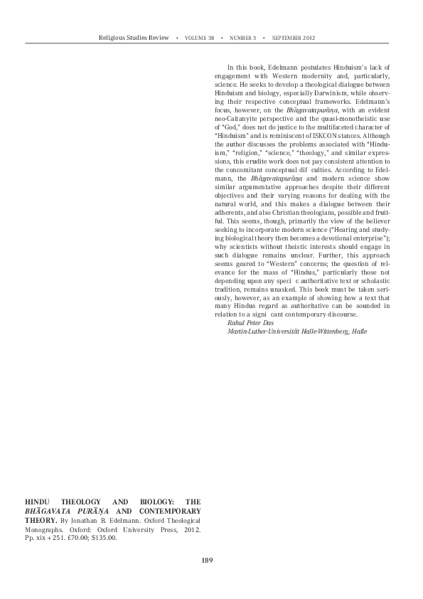 (PDF) Jonathan B. Edelmann: Hindu Theology and Biology. The Bhāgavata ...