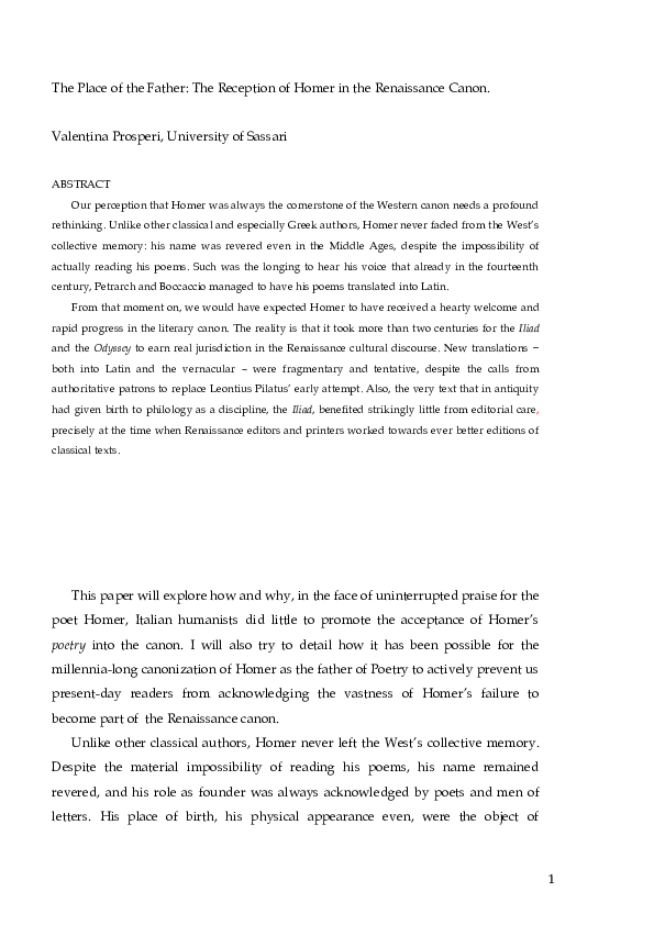 (DOC) The Place of the Father: the Reception of Homer in the ...
