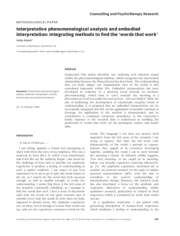 (PDF) Interpretative phenomenological analysis and embodied interpretation: Integrating methods ...