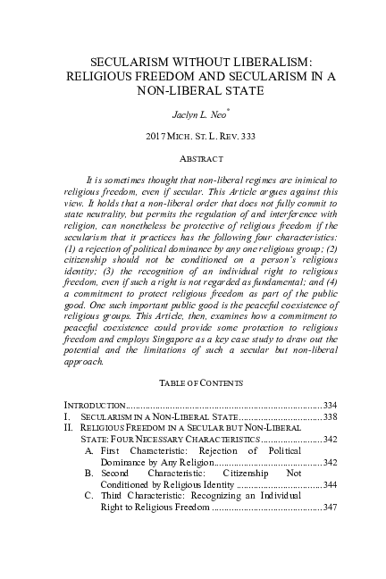 (PDF) Secularism Without Liberalism: Religious Freedom and Secularism ...