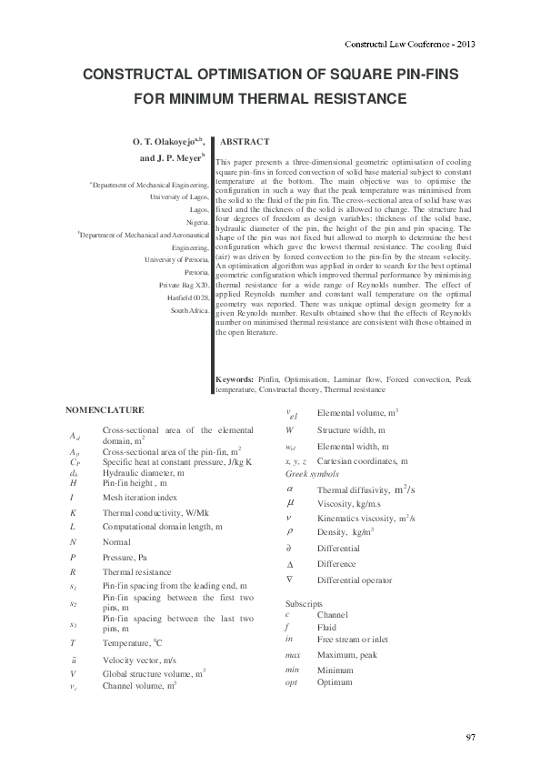 (PDF) CONSTRUCTAL OPTIMISATION OF SQUARE PIN-FINS FOR MINIMUM THERMAL ...
