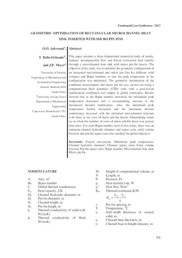 (PDF) GEOMETRIC OPTIMISATION OF RECTANGULAR MICROCHANNEL HEAT SINK ...