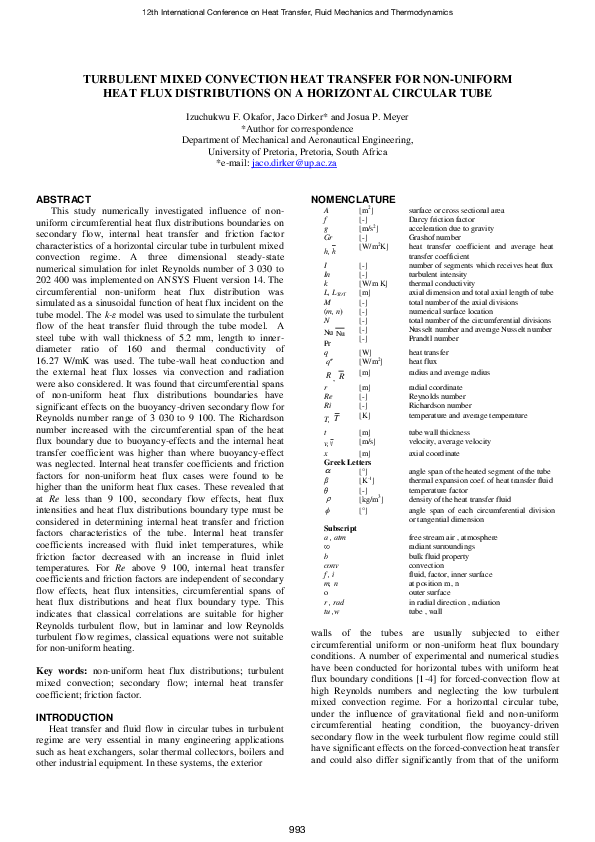 (PDF) TURBULENT MIXED CONVECTION HEAT TRANSFER FOR NON-UNIFORM HEAT FLUX DISTRIBUTIONS ON A ...