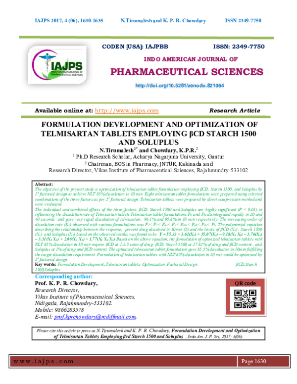(PDF) FORMULATION DEVELOPMENT AND OPTIMIZATION OF TELMISARTAN TABLETS ...