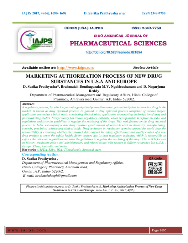 (PDF) MARKETING AUTHORIZATION PROCESS OF NEW DRUG SUBSTANCES IN U.S.A ...