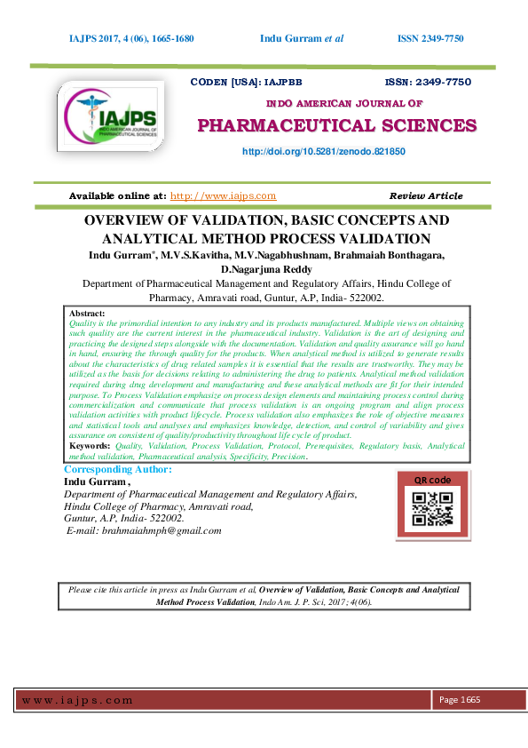 Pdf Overview Of Validation Basic Concepts And Analytical Method