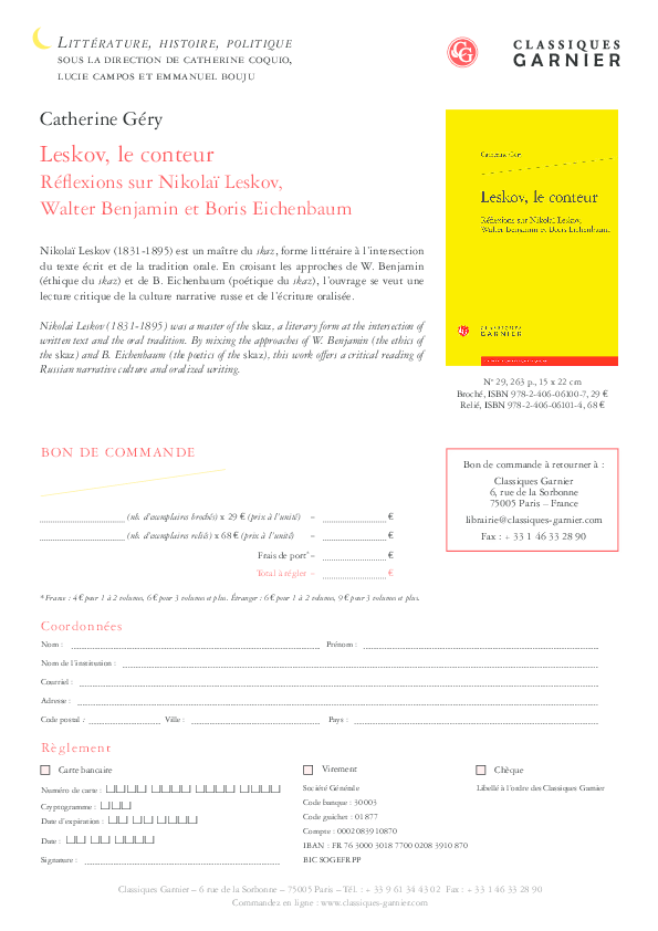 (PDF) Leskov, le Conteur. Réflexions sur Nikolaï Leskov, Walter ...