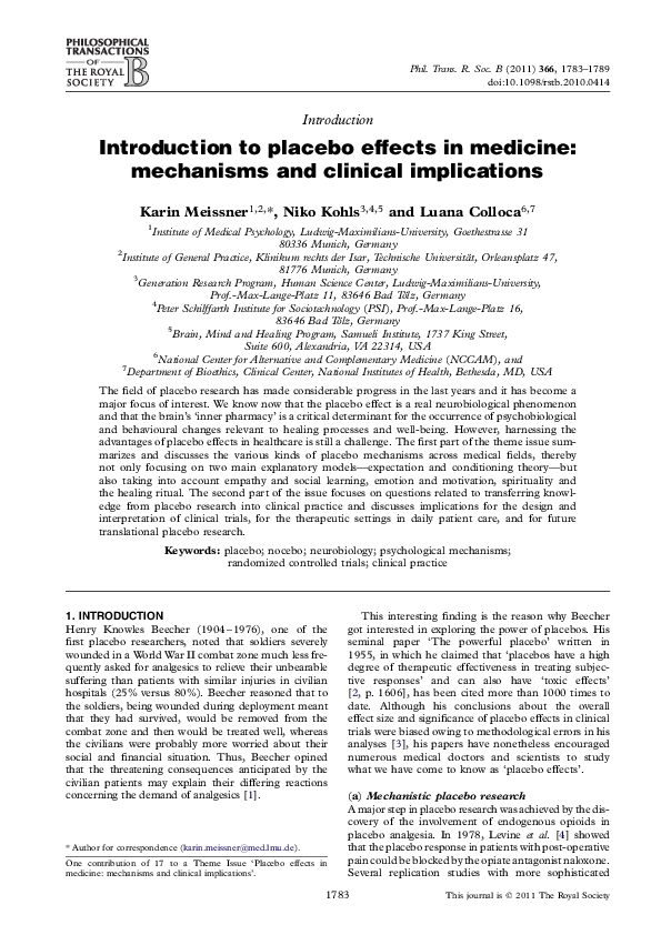 (PDF) Introduction to placebo effects in medicine: mechanisms and clinical implications
