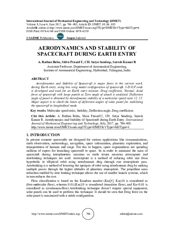 (PDF) AERODYNAMICS AND STABILITY OF SPACECRAFT DURING EARTH ENTRY