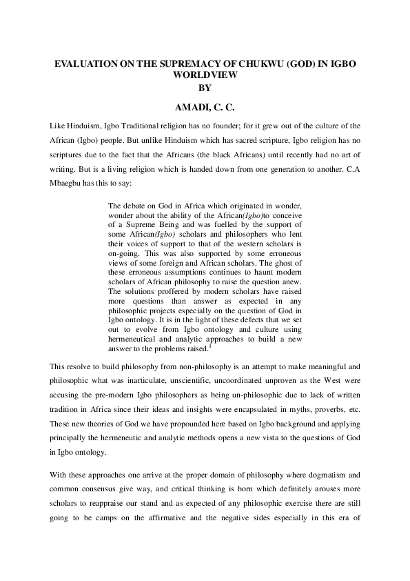 (DOC) EVALUATION ON THE SUPREMACY OF CHUKWU (GOD) IN IGBO WORLDVIEW