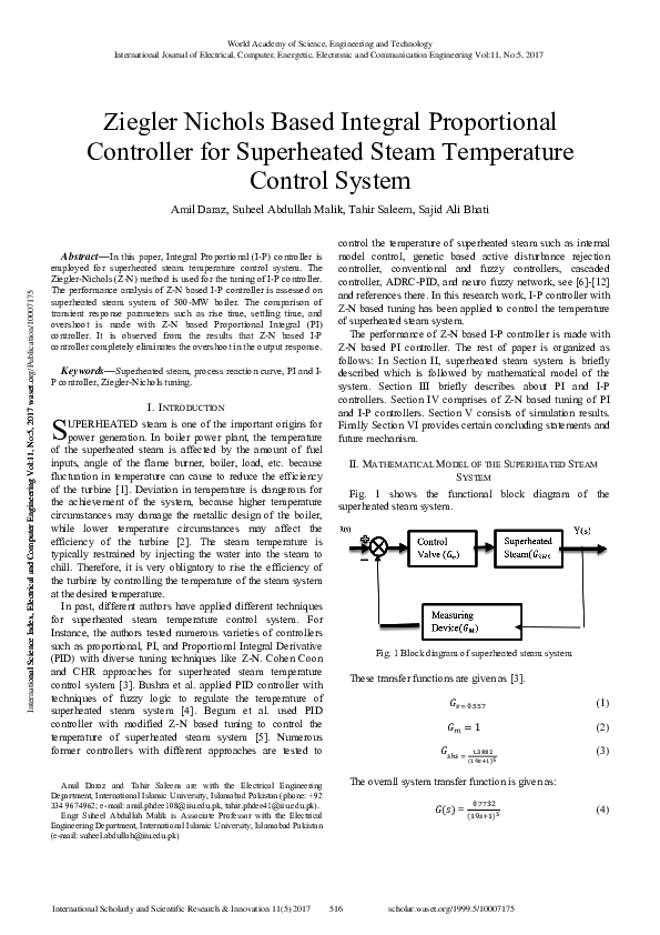 Pdf Ziegler Nichols Based Integral Proportional Controller For Superheated Steam Temperature
