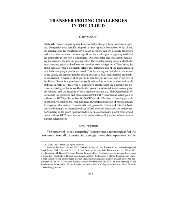 (PDF) Transfer Pricing Challenges in the Cloud