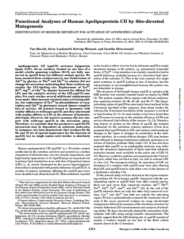 (PDF) Functional analyses of human apolipoprotein CII by site-directed ...