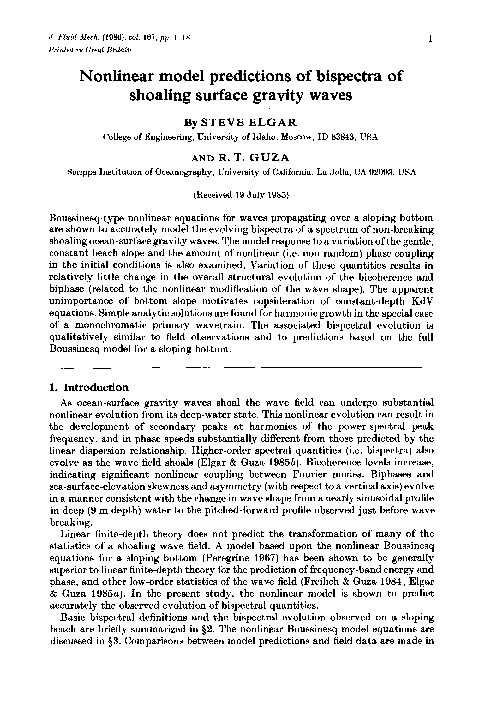 Pdf Nonlinear Model Predictions Of Bispectra Of Shoaling Surface Gravity Waves Steve Elgar