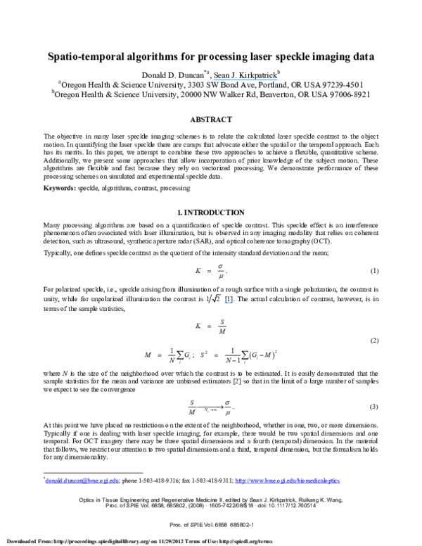 Pdf Spatio Temporal Algorithms For Processing Laser Speckle Imaging