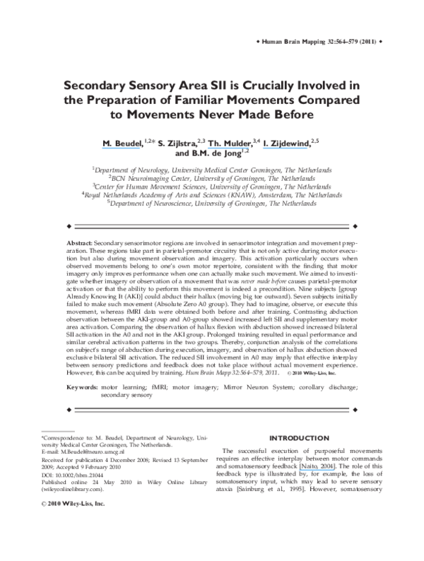 (PDF) Secondary sensory area SII is crucially involved in the ...