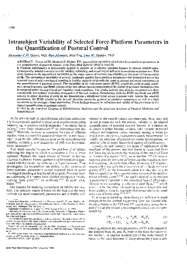 Pdf Intrasubject Variability Of Selected Force Platform Parameters In