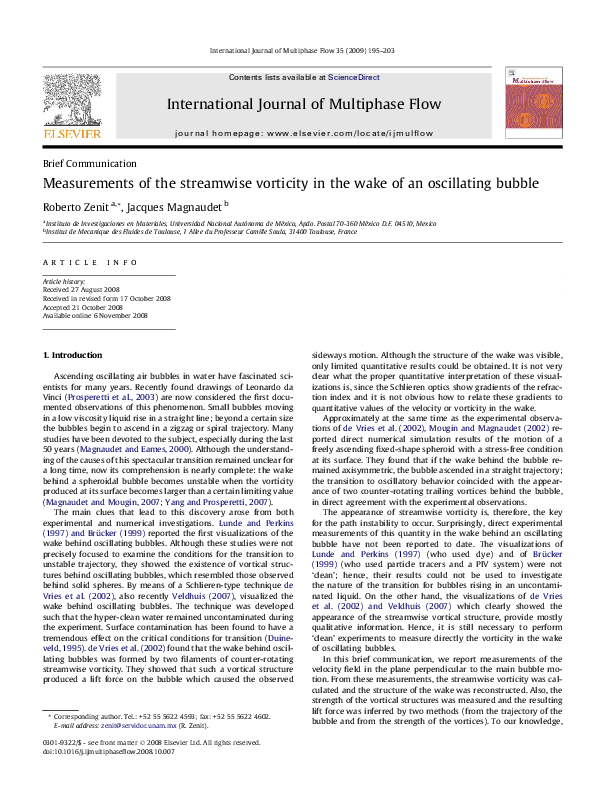 (PDF) Measurements of the streamwise vorticity in the wake of an oscillating bubble