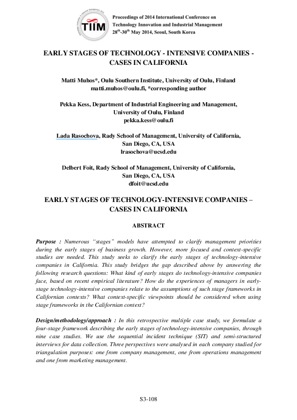 (PDF) Early Stages of Technology -Intensive Companies - Cases in California