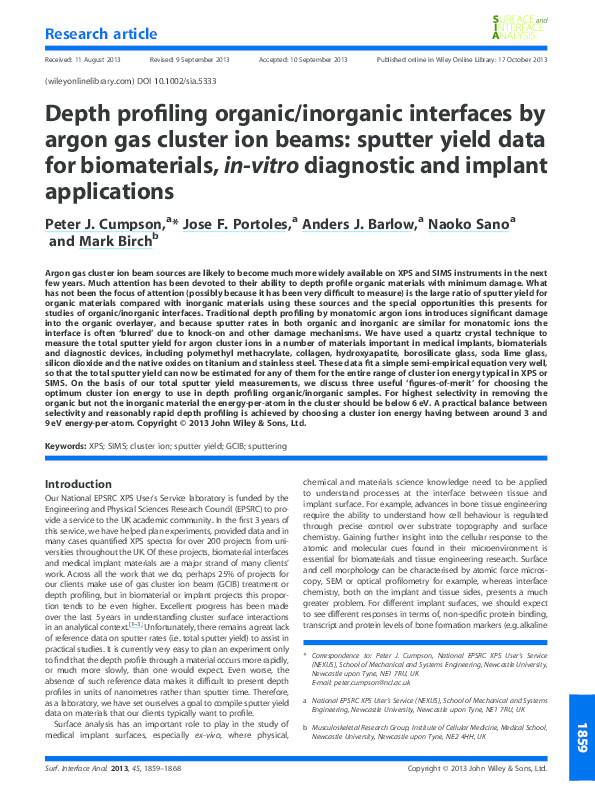 (PDF) Depth profiling organic/inorganic interfaces by argon gas cluster ion beams: sputter yield ...