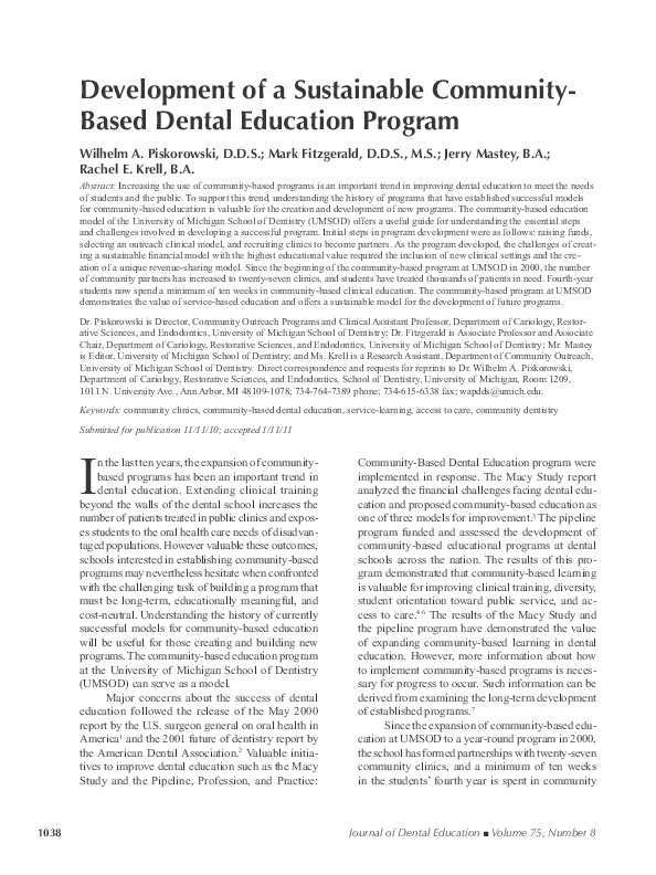 (PDF) Development of a sustainable community-based dental education program