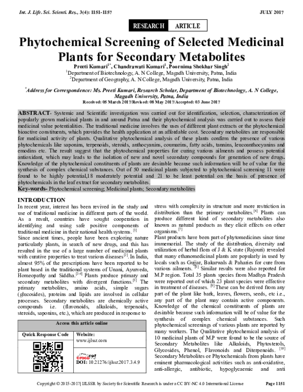 (PDF) Phytochemical Screening of Selected Medicinal Plants for ...