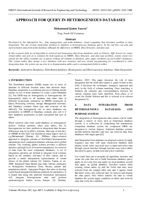 Pdf Approach For Query In Heterogeneous Databases