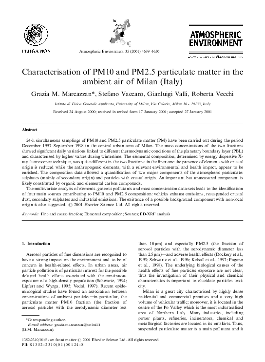 (PDF) Characterisation of PM10 and PM2.5 particulate matter in the ambient air of Milan (Italy)
