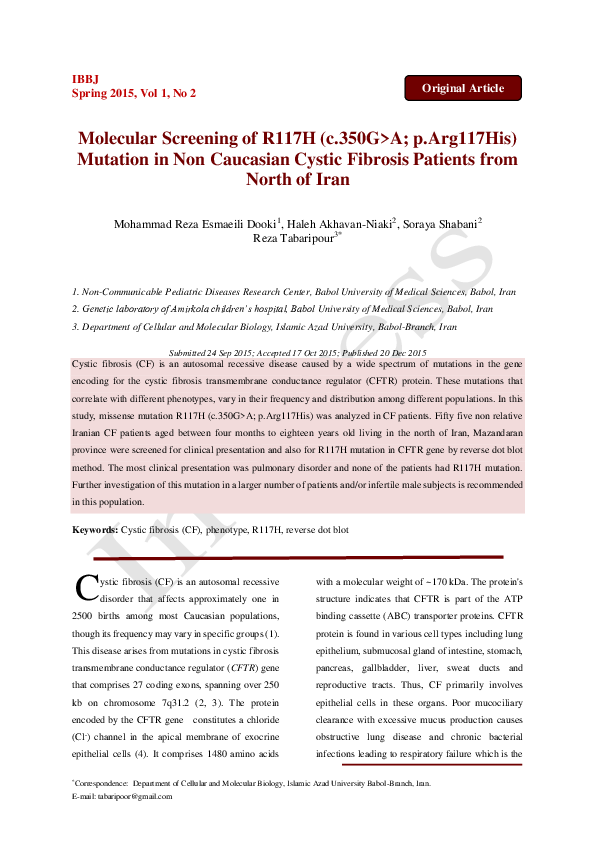 (PDF) Molecular Screening of R117H (c.350G>A; p.Arg117His) Mutation in ...