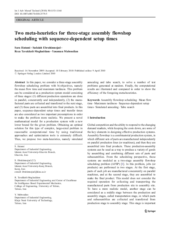 Pdf Two Meta Heuristics For Three Stage Assembly Flowshop Scheduling With Sequence Dependent