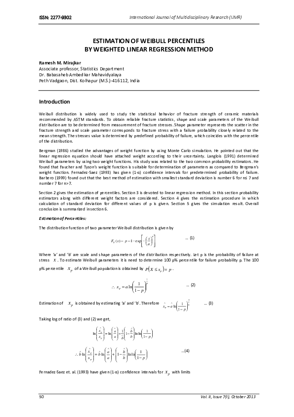Pdf Estimation Of Weibull Percentiles By Weighted Linear Regression