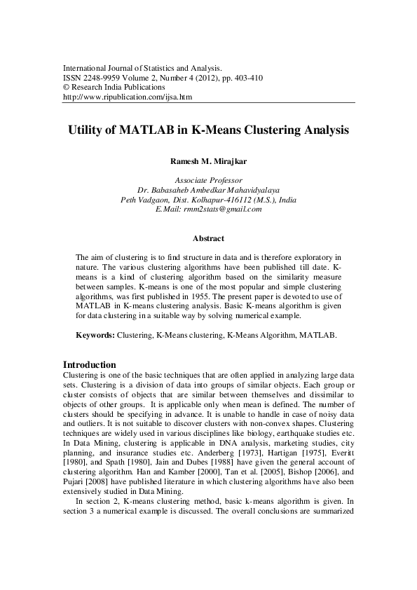 (PDF) Utility of MATLAB in K-Means Clustering Analysis