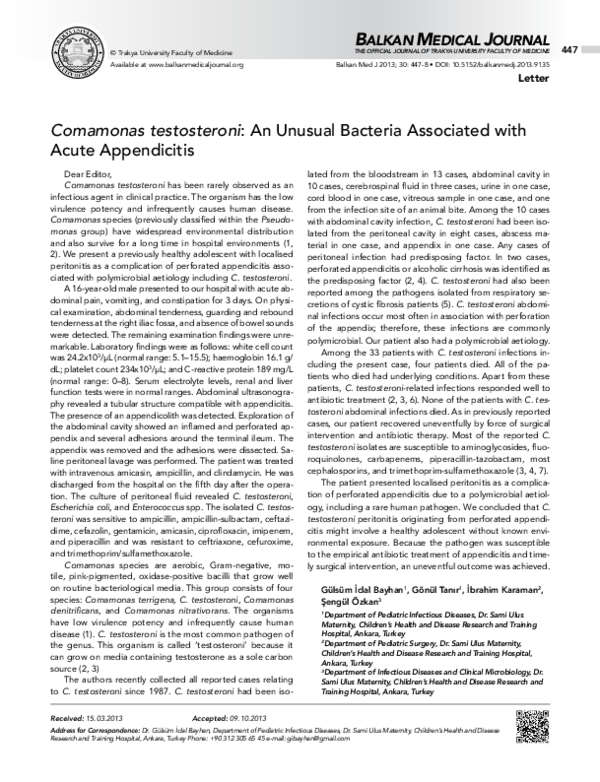 (PDF) Comamonas testosteroni: An Unusual Bacteria Associated with Acute ...