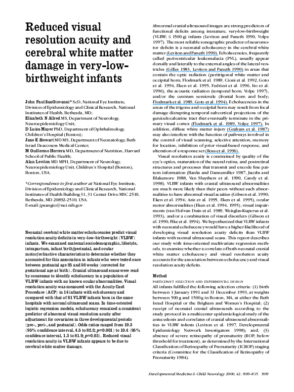 (PDF) Reduced visual resolution acuity and cerebral white matter damage ...