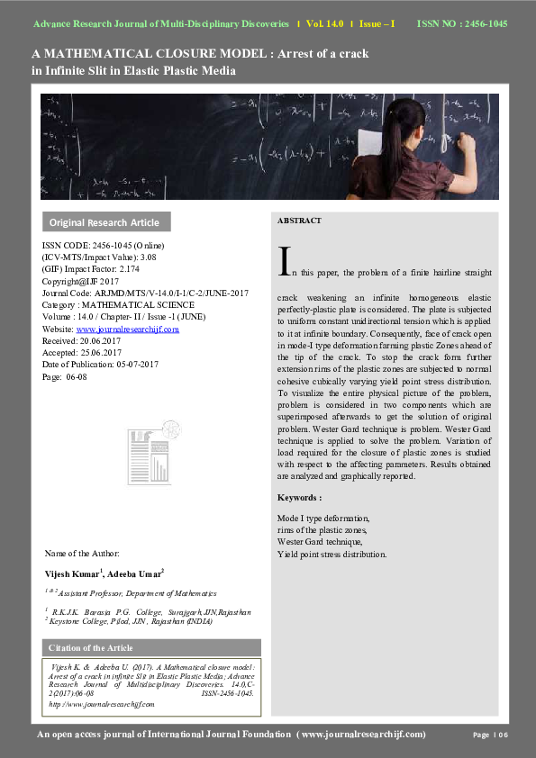 (PDF) A MATHEMATICAL CLOSURE MODEL : Arrest of a crack in Infinite Slit ...