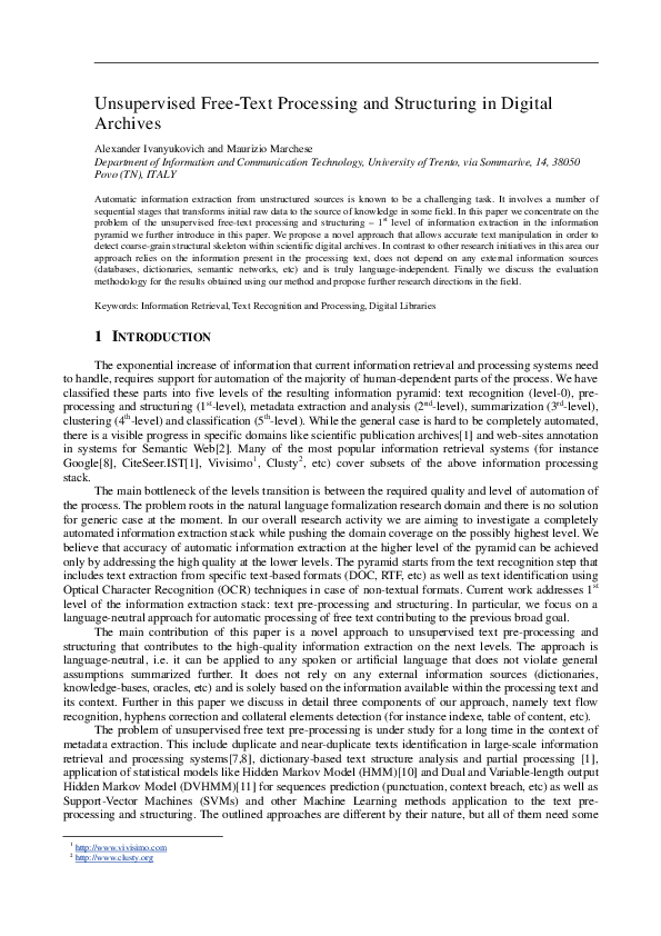 Pdf Unsupervised Free Text Processing And Structuring In Digital Archives