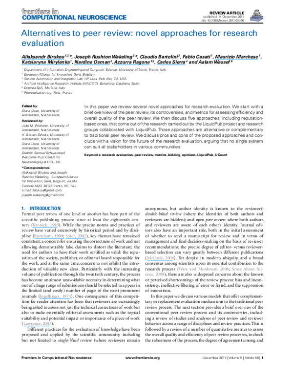 (PDF) Alternatives to Peer Review: Novel Approaches for Research Evaluation