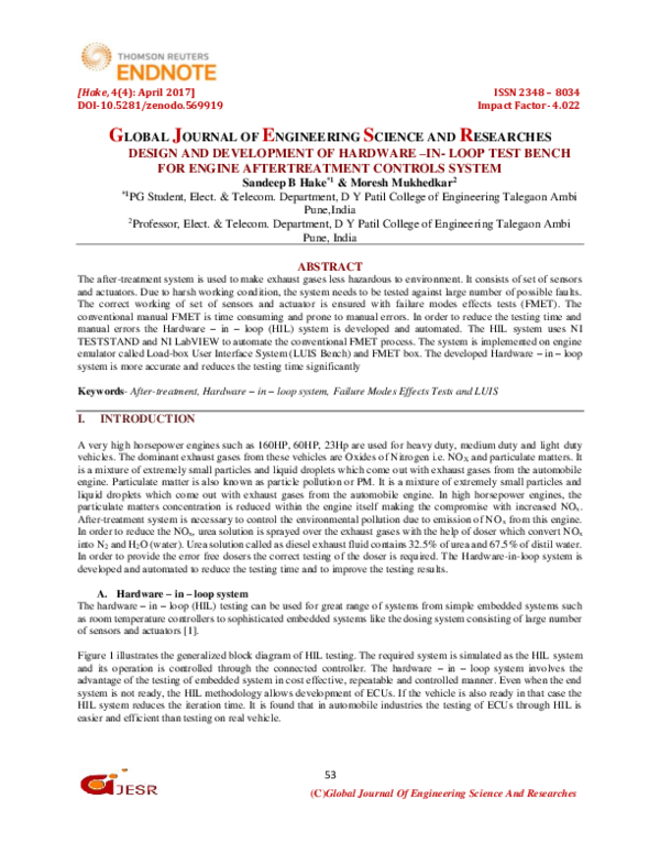 Pdf Design And Development Of Hardware In Loop Test Bench For Engine Aftertreatment Controls