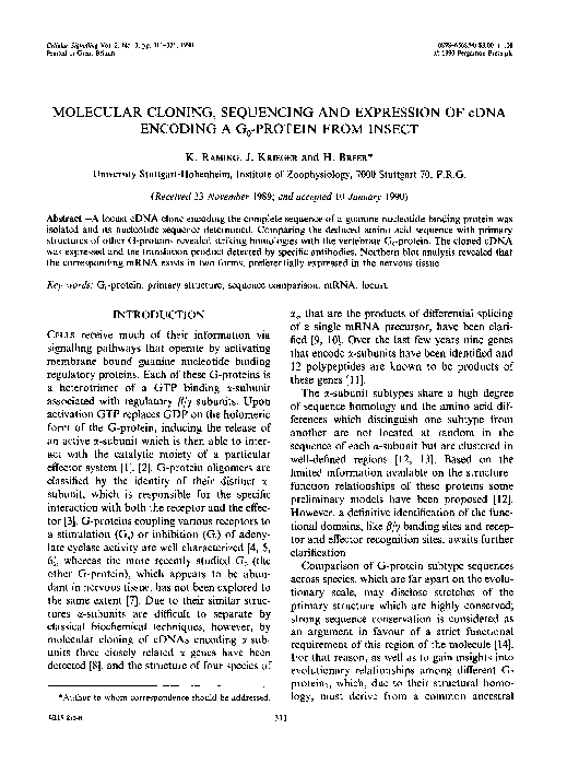 Pdf Molecular Cloning Sequence And Expression Of Cdna Encoding A G0 Protein From Insect